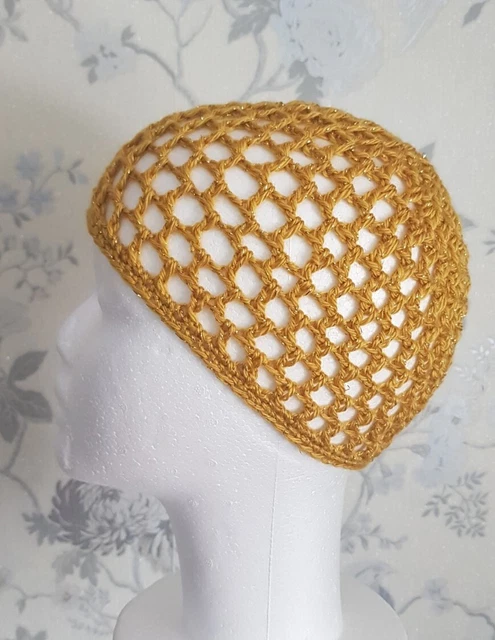GOLD SPARKLE CROCHET MESH SKULL CAP HAT 70s Fancy Dress, Party, ABBA ...