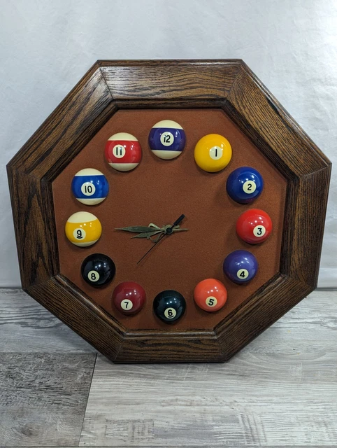 BILLIARD STYLE POOL Collector's Clock Billiard Balls Oak Octagon Wall ...