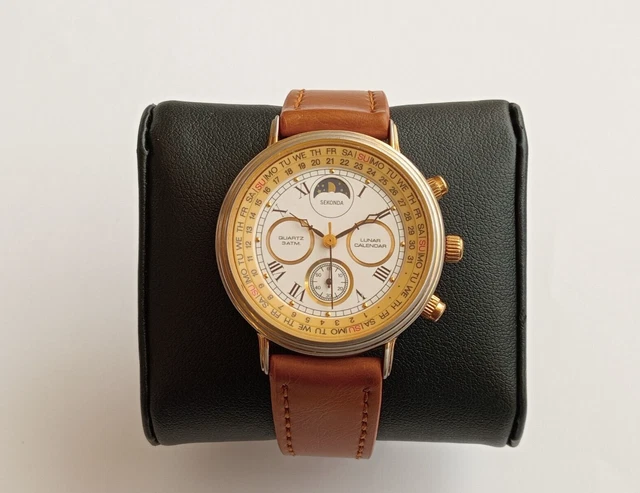 MONTRE QUARTZ SEKONDA Calender Lunar Phase Moon Ton Or (Années 1990 À ...