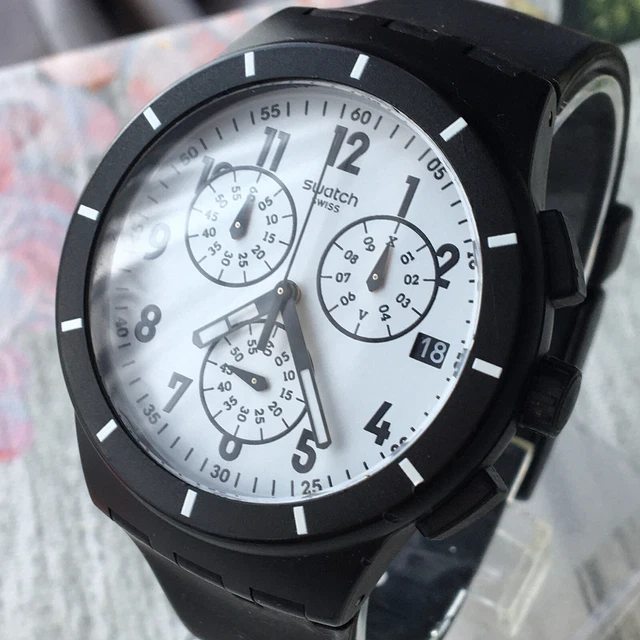 SWATCH WATCH SWISS Chronograph White Dial Black Silicone Strap 42mm ...