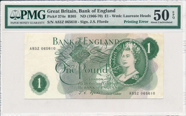 BANK OF ENGLAND Great Britain 1 Pound ND(1966-70) Printing Error PMG ...