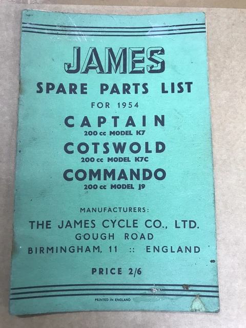 JAMES CAPTAIN,COTSWOLD,COMMANDO SPARE Parts List 1954 £12.53 - PicClick UK