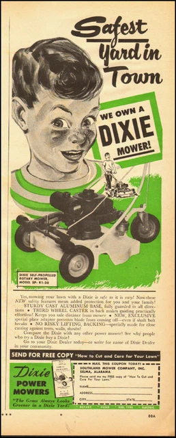 1955-DIXIE POWER MOWERS`DESSIN animé`Dixie tondeuse rotative ...