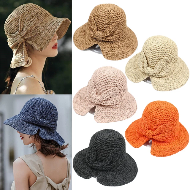 LADIES BOW FOLDABLE Beach Cap Straw Hats Sun Hat Brimmed Cap EUR 13,78 ...