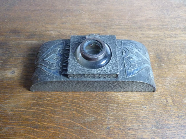 ANTIQUE ART NOUVEAU Hammered Pewter Inkwell Stand With Glass Insert (No ...