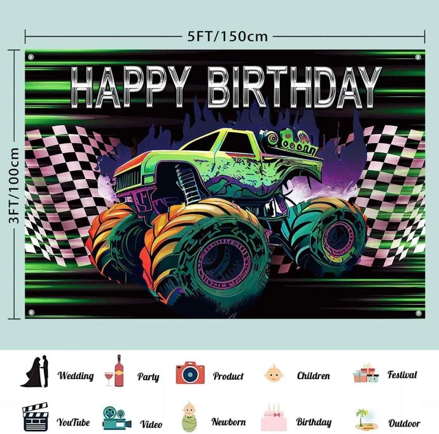 TRUCK BACKDROP BANNER Cars Happy Birthday Backdrop for Boys Green Truck ...