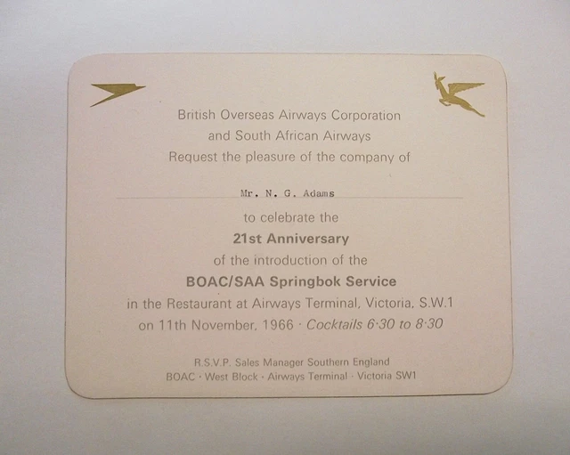 VERY RARE 1966 Boac & South African Airways Springbok Service ...