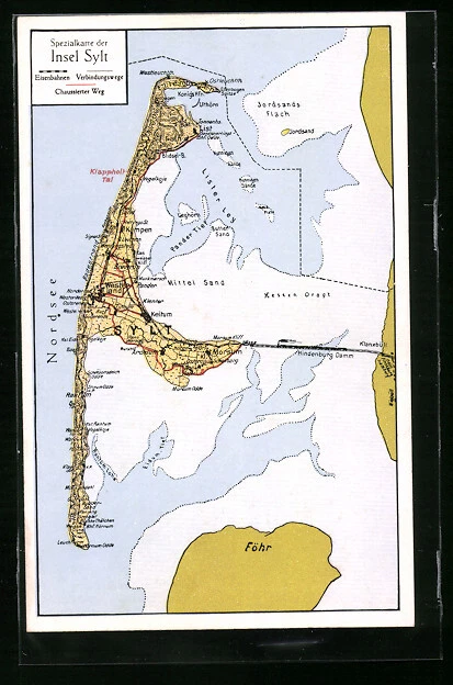 CARTOLINA SYLT, MAPPA dell'isola con la diga di Hindenburg EUR 7,00 ...