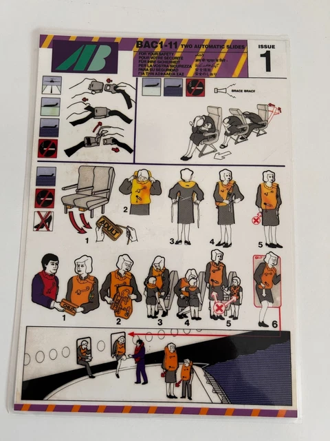 RARE! AB AIRLINES BAC1-11 Safety Card £5.00 - PicClick UK