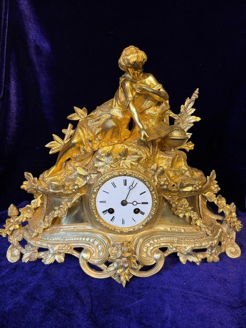 ANTIQUE SOLID BRONZE Ormolu Figural French Mantle Clock Stunning ...