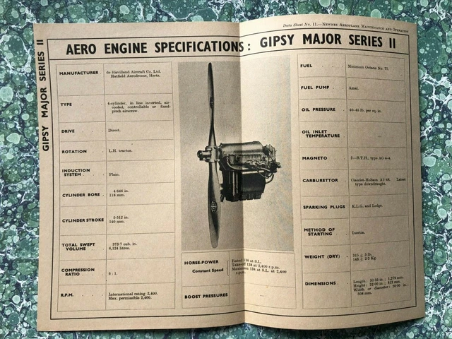 NEWNES AEROPLANE DATA Sheet Engine Specifications Gipsy Major Series II ...