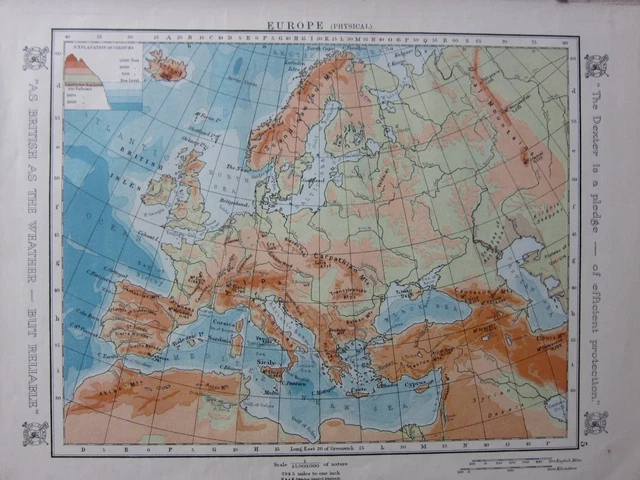 1912 CARTE ~ Europe Physique Pays Hauteurs Alps Atlas Montagnes ...