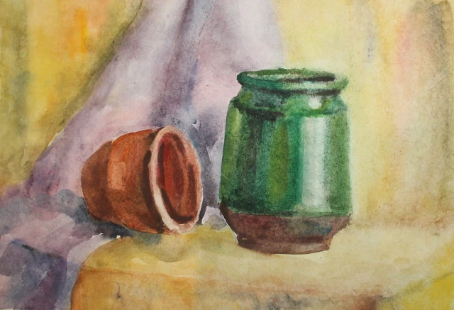 VINTAGE IMPRESSIONIST WATERCOLOR painting still life with pot and bowl ...