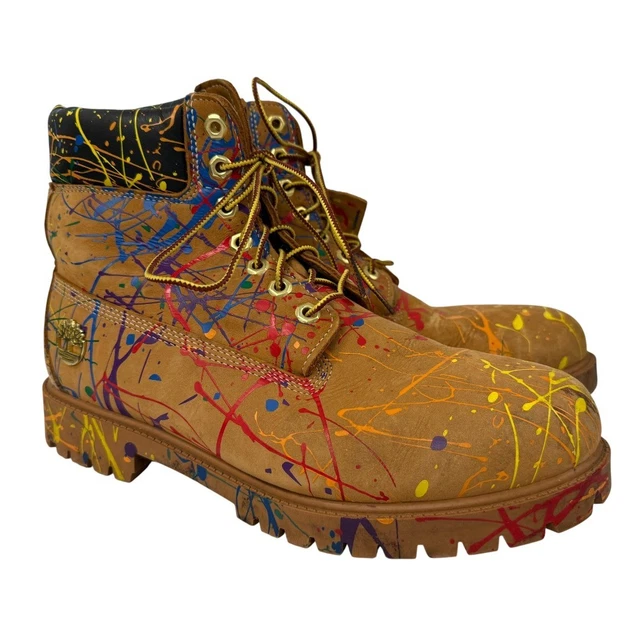 MEN'S TIMBERLAND WHEAT Paint Splatter Brown Genuine Leather Boots UK10 ...