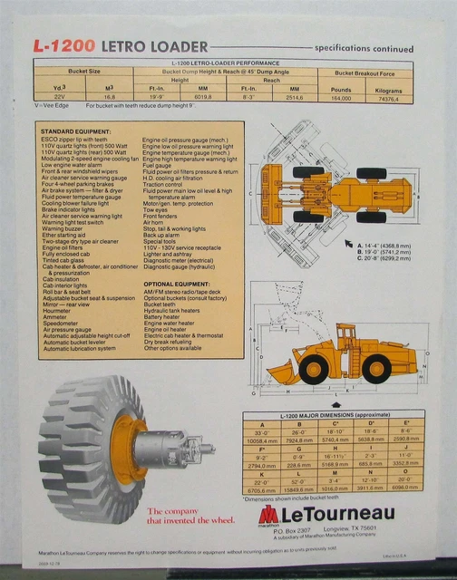 1979 LETOURNEAU L1200 Loader Specifications Construction Data Sheet £15 ...