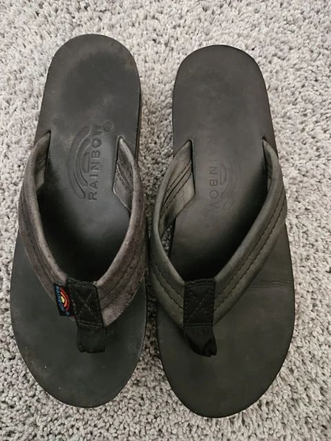 RAINBOW WOMENS BLACK Leather Sandals Thick Strap Double Layered Size 5. ...