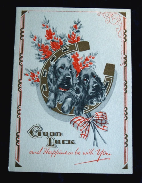 VINTAGE GOOD LUCK Card With Two Spaniel Dogs And Horseshoe - Beautiful ...