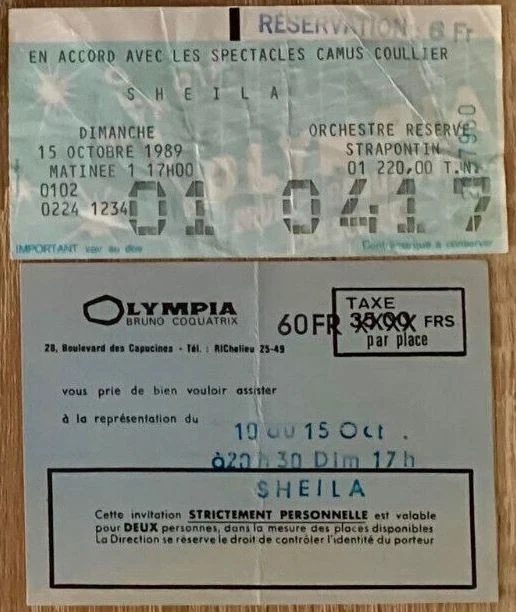 SHEILA - INVITATION + Ticket concert n° 010417 - Olympia Paris - 15 ...