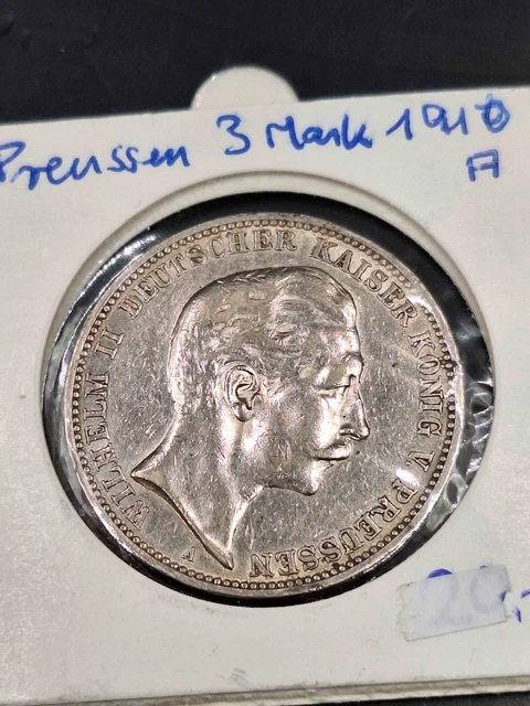 SILBERMÜNZE DEUTSCHES REICH 3 Mark Herst. A 1910 Wilhelm Uniform Glanz Erhaltung EUR 33,50 ...