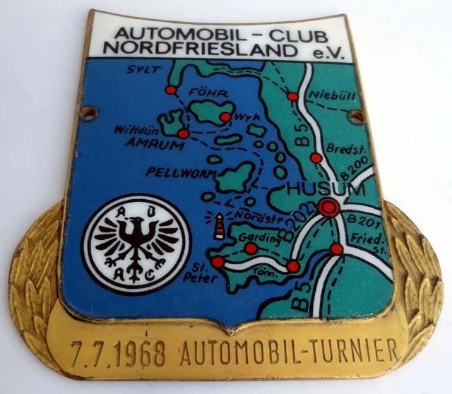 AUTO PLAKETTE ADAC 1968 Nordfriesland Husum Turnier Club Autoplakette ...