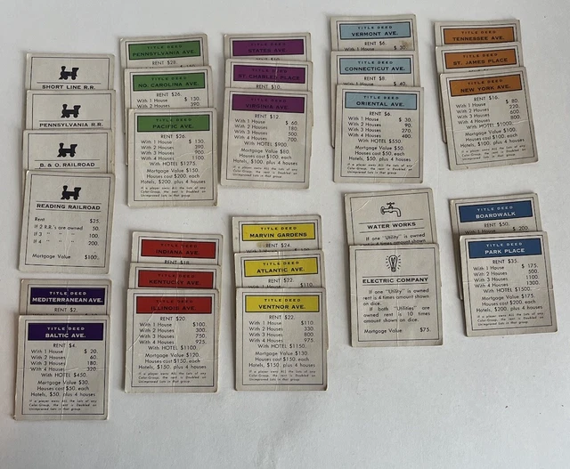 REPLACEMENT PARTS/PIECES MONOPOLY Title Deed Cards COMPLETE Set Vtg ...