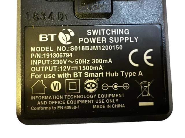 GENUINE BT HUB POWER SUPPLY S018BJM1200150 12V 1500mA TESTED (REF-Z41 ...