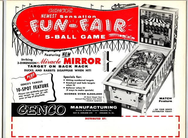FUN FAIR PINBALL Machine FLYER Original 1958 Vintage Coin-Op Amusement ...