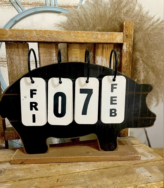 RUSTIC FARMHOUSE PIG Wooden Primitive Flip Numbers Freestanding ...