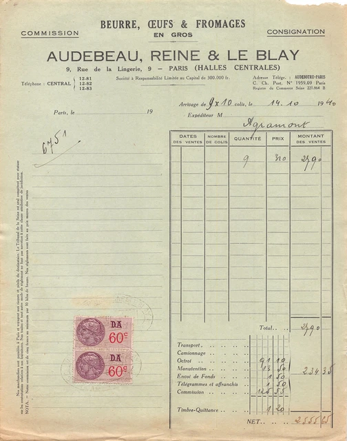 1878 1940 Facture Audebeau Reine & Le Blay Halles A Paris - - Laite EUR ...