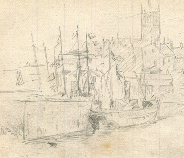 DESSIN AU CRAYON ancien vintage d'un croquis de paysage de port et de ...