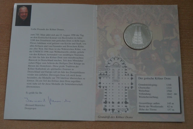 KÖLNER DOM - Medaille -1998 -750. Jahrfeier der Grundsteinlegung Silber ...