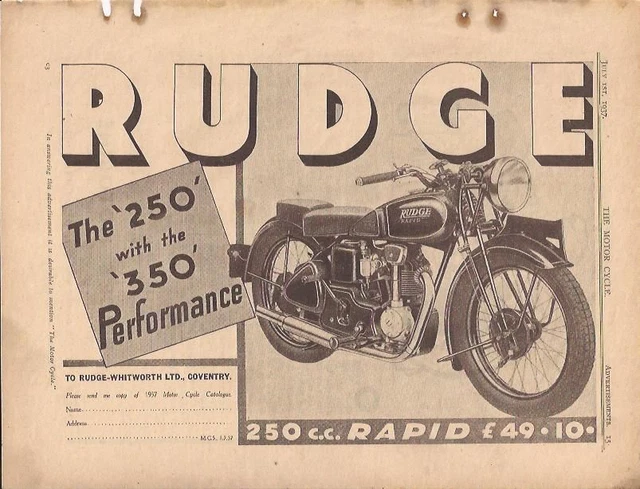 PUBLICITÉ MOTOCYCLETTES RUDGE 250 - July 1st, 1937 . #SoutienUkraine ...