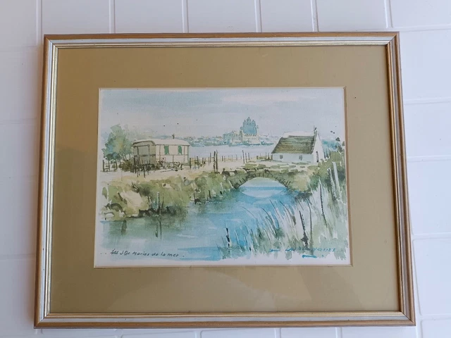 TABLEAU AQUARELLE AVEC cadre en bois doré, Fait à la main, 32cmX40, très ancien EUR 65,00 ...