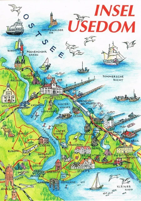 POSTCARD GERMANY INSEL Usedom Island Landkarte map card carte Ostsee ...