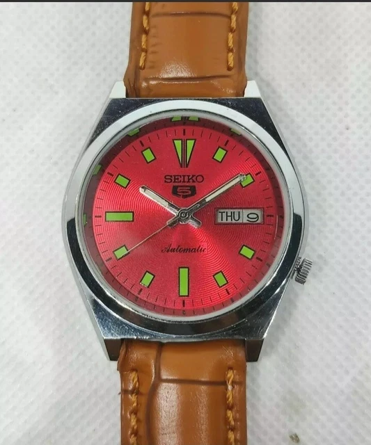 SEIKO 5 AUTOMATIC Men's Wrist watch cal-7009 17 jewel Red face Running ...