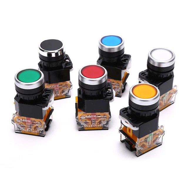 22MM FLAT HEAD Green Push Button Momentary Switch With LED Light 220V ...