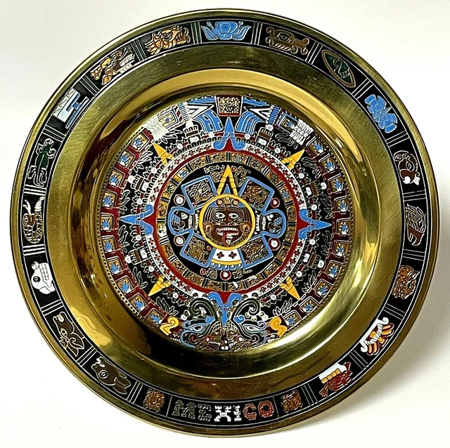 BRASS AND ENAMEL 8” Mexican Mayan Aztec Calendar Decorative Wall ...