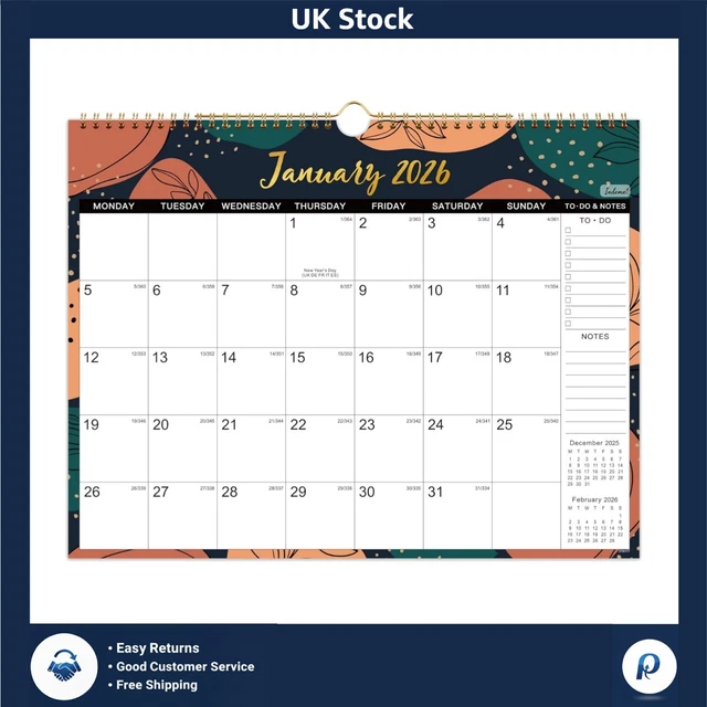 ELEGANT 2026 WALL Calendar with Large Ruled Blocks for Home & Office ...