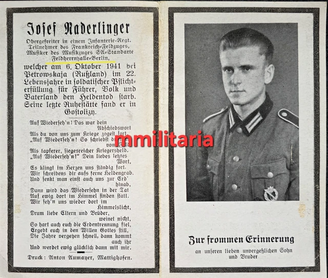 STERBEBILD WWII OBERGEFREITER Musikkorps Feldherrnhalle Berlin FHH ...