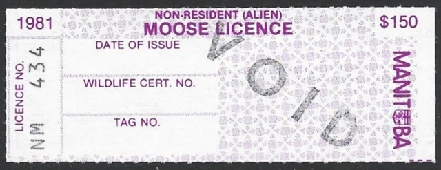 1981 CANADA MANITOBA Non Resident $150 MOOSE LICENSE Hunting Revenue VF ...