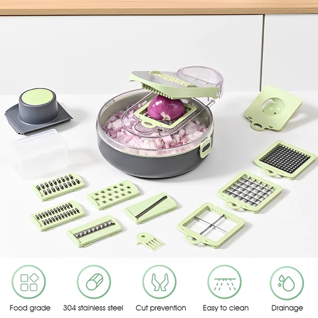 VEGETABLE CHOPPER SET with 8 Interchangeable 304 Stainless Steel Blades ...
