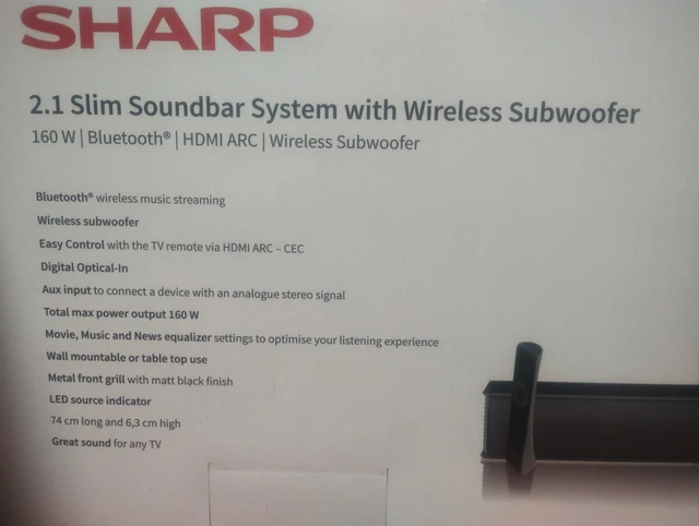 SHARP SLIM 2.1 Soundbar TV with Subwoofer Bluetooth HDMI 180W HT-SBW110 ...