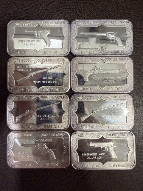 VINTAGE 1 OZ SILVER BAR 8 Pc. Gun Set BELFORD MINT .999 FINE £700.95 ...