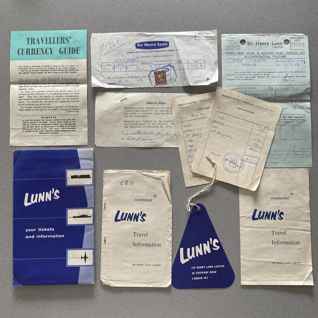 LUNN POLY TRAVEL documents unused luggage Ticket 1950’s Waldhotel Vaduz ...