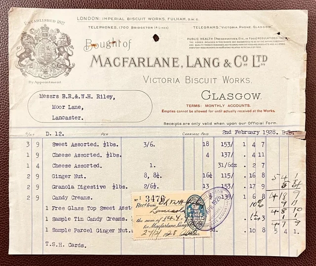 1928 MACFARLANE LANG & Co Victoria Biscuit Works Glasgow Invoice £4.49 ...