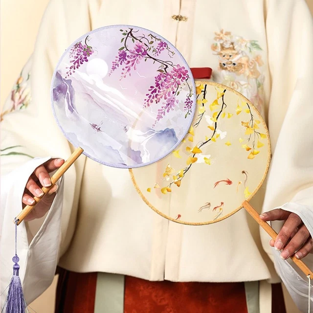 CHINESE ROUND HAND Fan Vintage Printing Silk Fan Ancient Tassel Dance ...