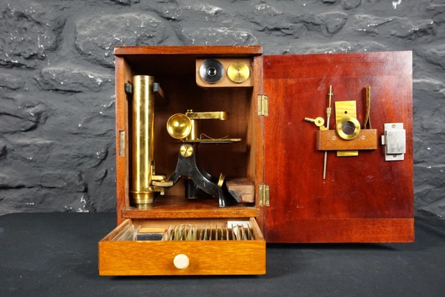ANTIQUE BRASS MICROSCOPE Cased with Accessories & Collection of 18thC ...