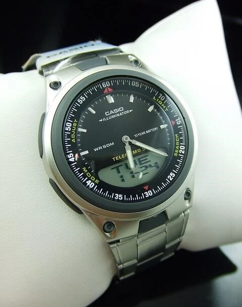 CASIO WATCH BLACK Dial Analog Digital Databank Telememo Illuminator AW ...