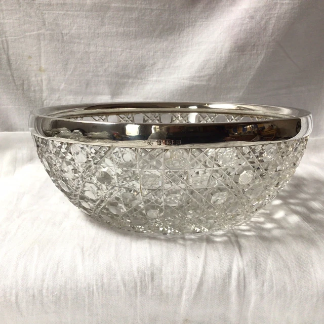 1909 SOLID SILVER Rim Beautiful Hob Nail Cut Fruit Bowl - Diameter 21cm ...