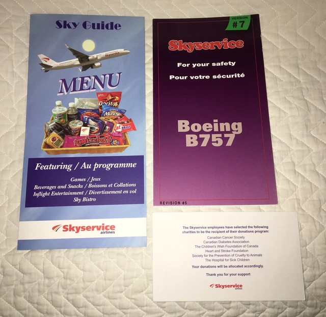SKYSERVICE AIRLINES SAFETY Card B757 Sky Guide Menu & Donation Envelope ...